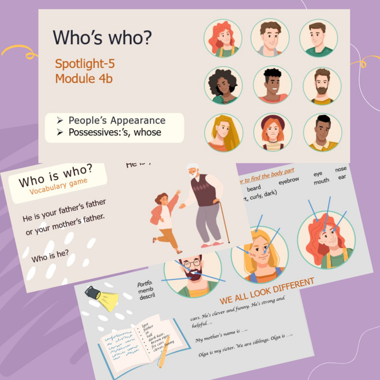 Презентация к уроку 4b "Who's who" учебника Spotlight-5