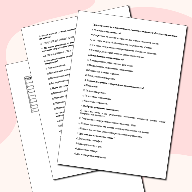 Тестирование Ориентирование по плану местности Разнообразие планов и области их применения 5