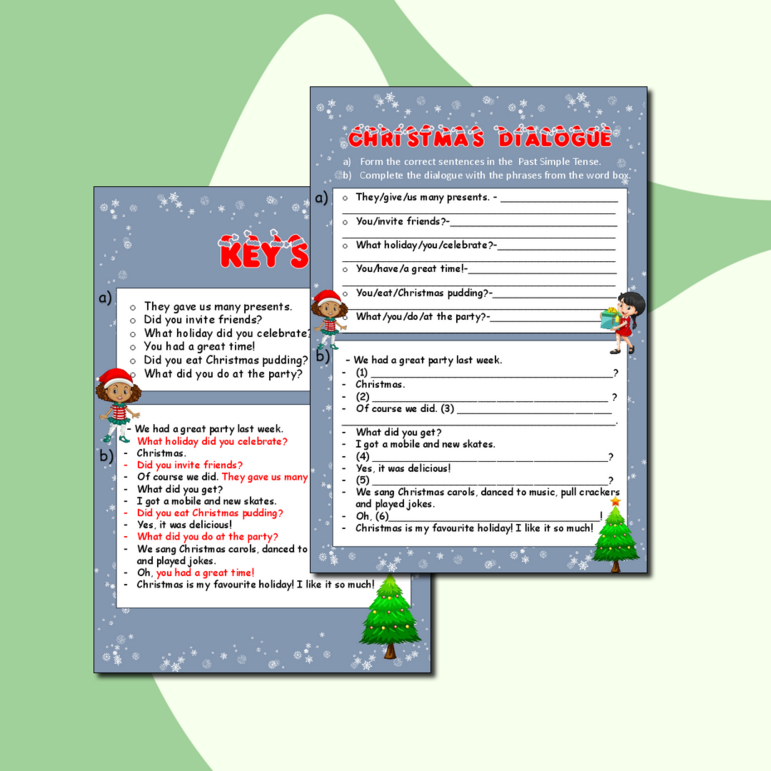 Past Simple Tense. Christmas Dialogue. Рабочий лист.