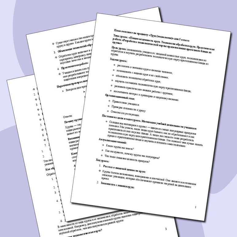 План конспект по предмету «Труд технология для 5 класса Тема урока «Пищевая ценность круп