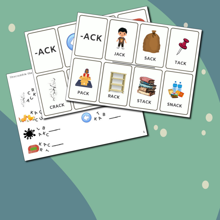 Упражнения для обучения детей чтению на английском языке (word family -ack)