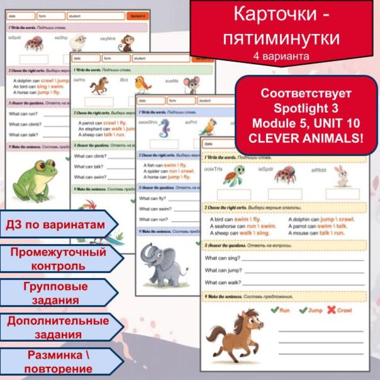 Карточки-пятиминутки по теме Животные / Animals для Spotlight 3, Module 5 furry friends, Unit 10 ...