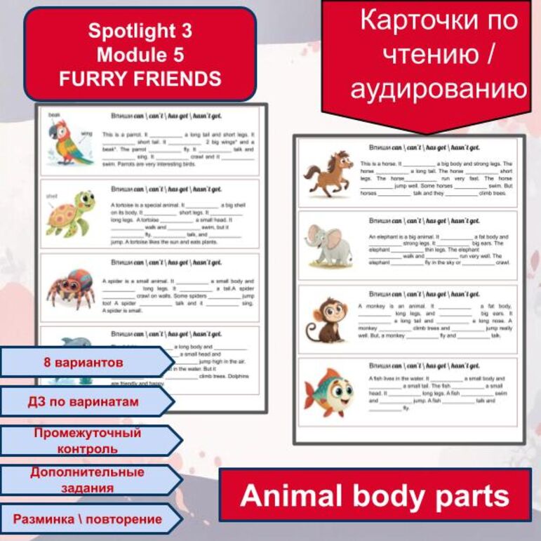 Карточки-тренажеры по развитию навыков чтения и аудирования по теме Животные / Animals для ...