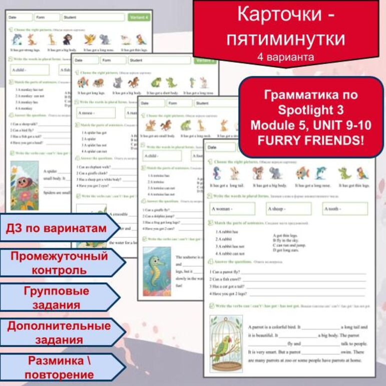 Карточки-пятиминутки по грамматике по теме обобщение / повторение для Spotlight 3, Module 5 ...