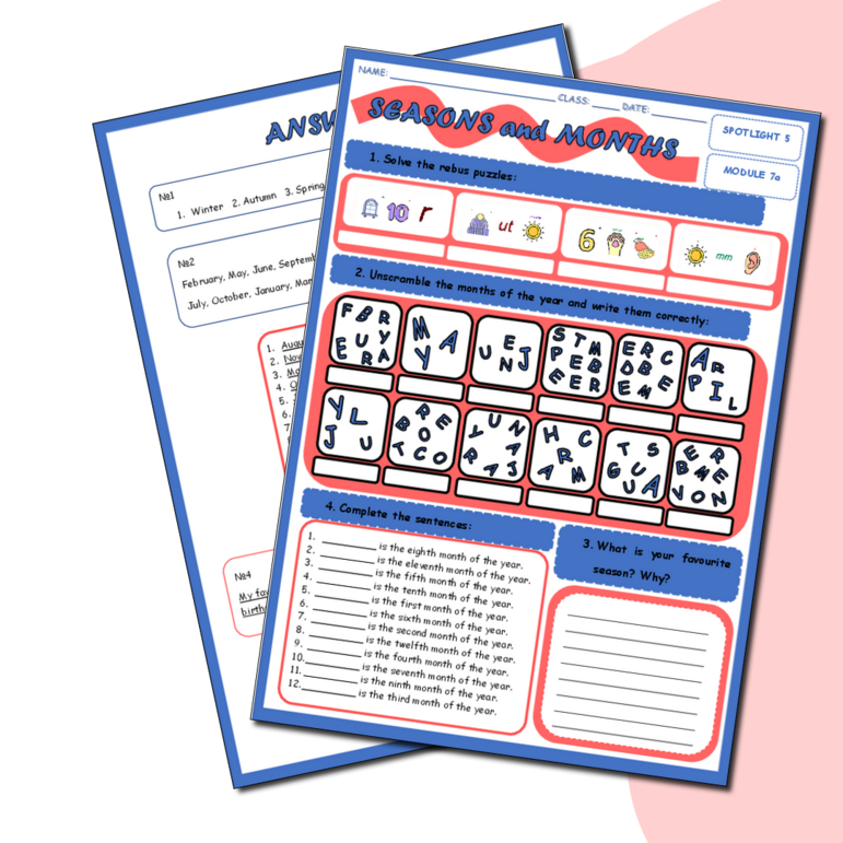 Рабочий лист к учебнику Spotlight 5 (Module 7a). Year after year. Seasons, months