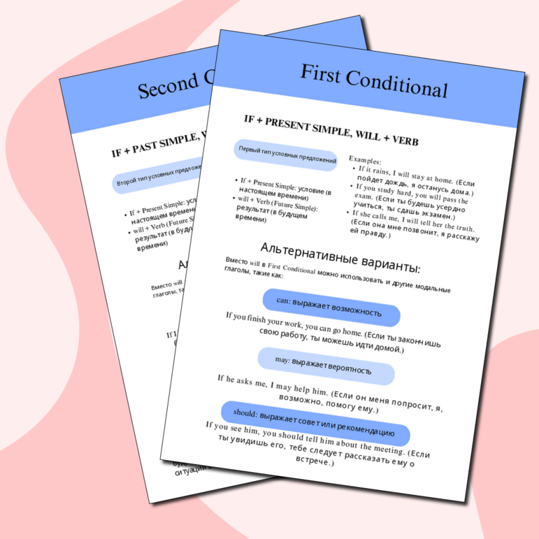 Памятка об условных предложений "First Conditional" "Second Conditional" для уровня A2, Pre ...