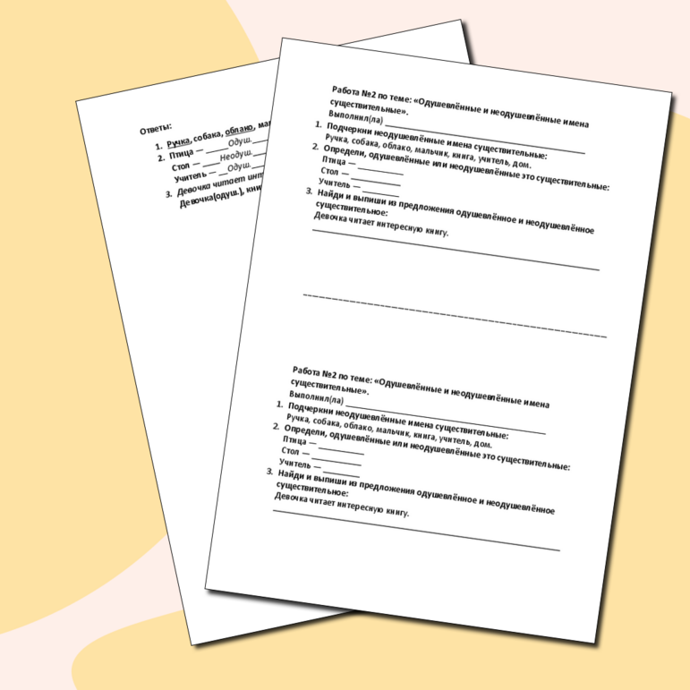 Индивидуальная карточка по русскому языку для 2 класса по теме Одушевлённые и неодушевлённые