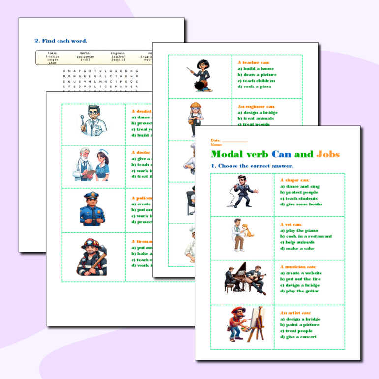 Рабочие листы «Modal verb can and jobs»