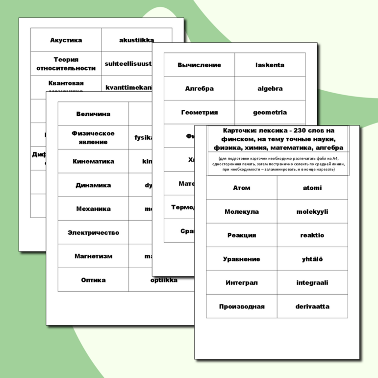 Карточки: лексика - 230 слов на финском, на тему точные науки, физика ...