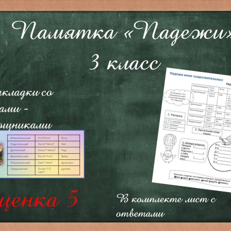 Памятка "Падежи" 3 класс (в комплекте памятка+ закладки)