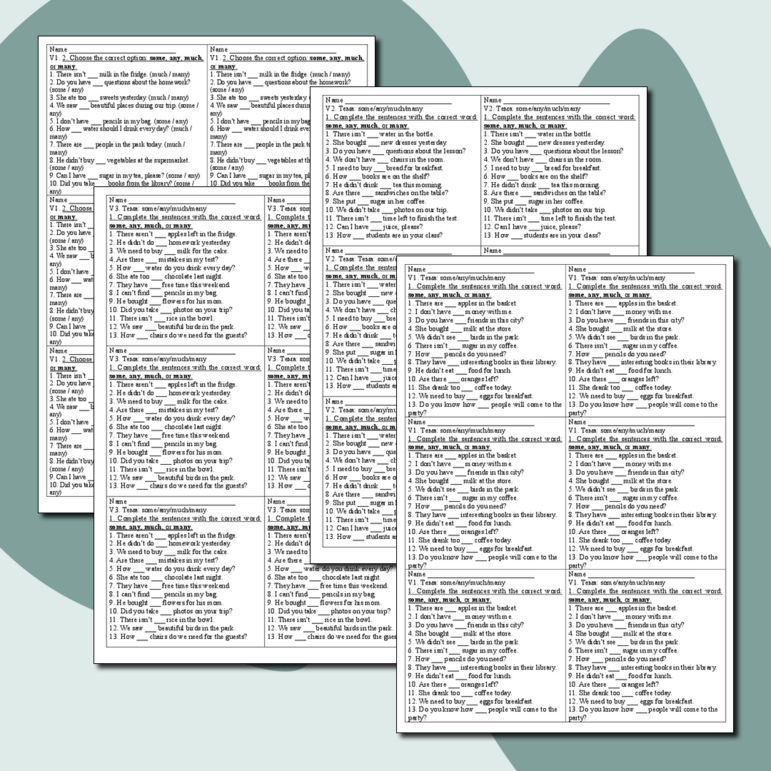 Рабочий лист по английскому языку по теме QUANTIFIERS (much, many, any ...