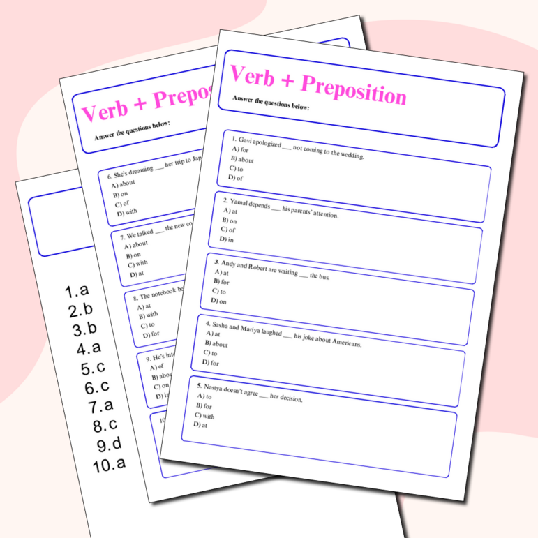 Тест по английскому языку на тему "Verb + Preposition" 8-9 класс