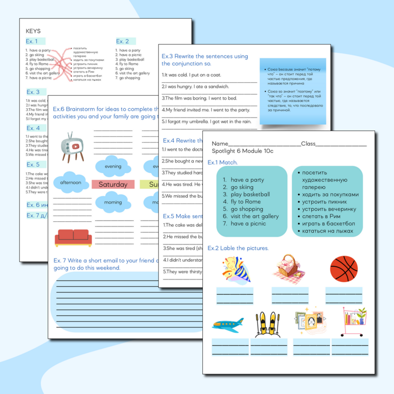 Рабочий лист Spotlight 6 Module 10c (Weekend fun) |linkers (so&because)