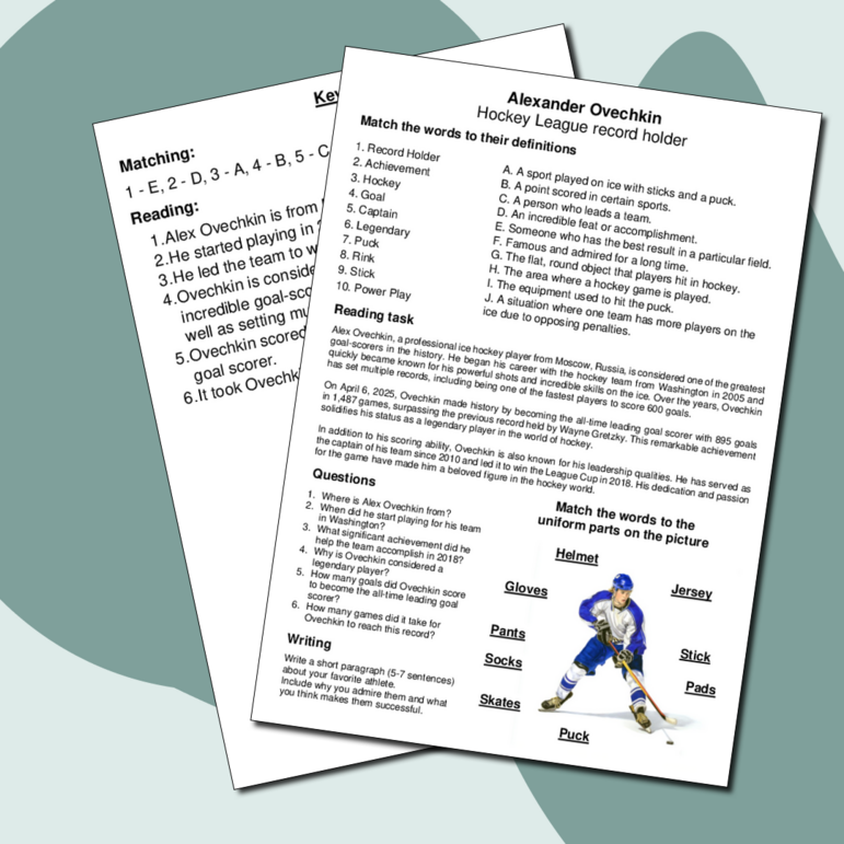 Рабочий лист урока английского языка "Alexander Ovechkin - NHL record ...