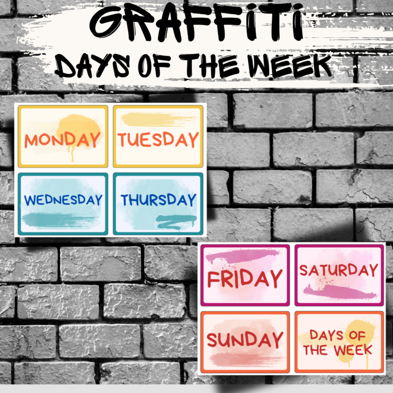 7 days of the week Graffiti flash cards. 8 cards. Редактируемый файл.