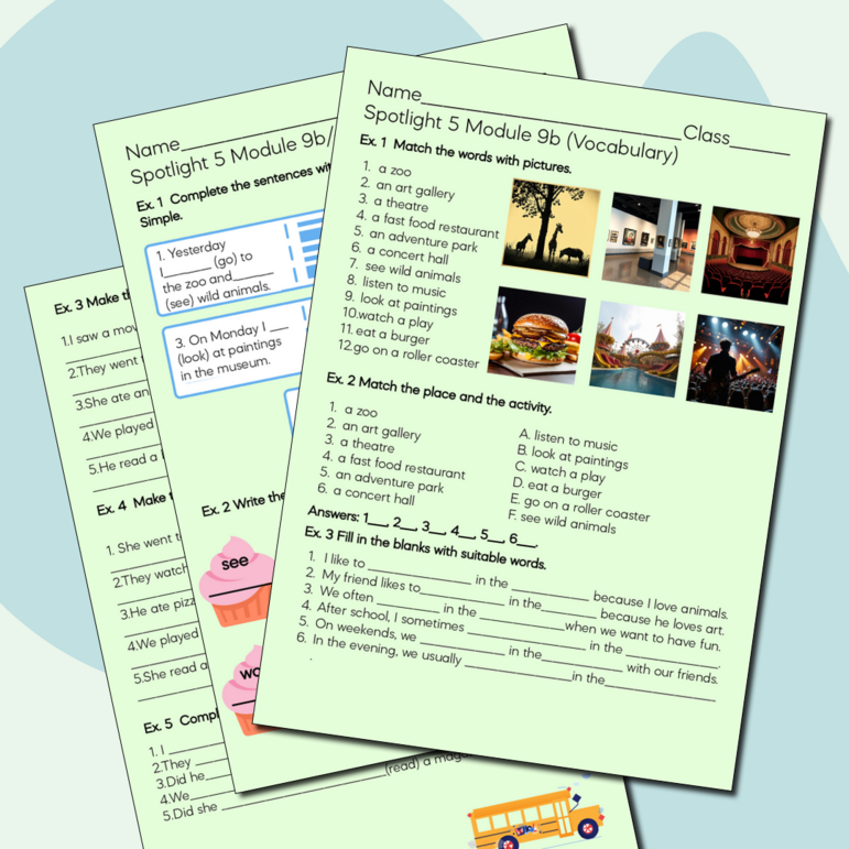 Рабочий лист Spotlight 5 Module 9|Vocabulary (It`s great!)|Grammar (Past Simple)