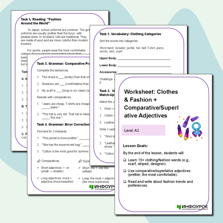 Рабочий лист "Clothes & Fashion + Comparative/Superlative Adjectives" (A2)
