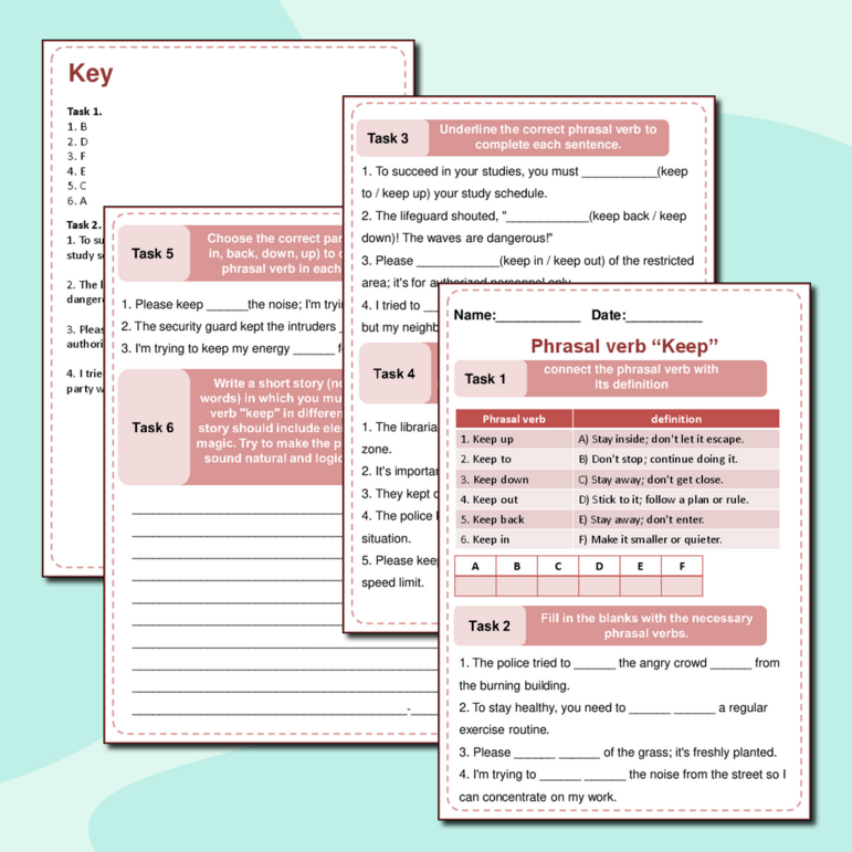 Phrasal verb keep (up, to, down, out, back, in)