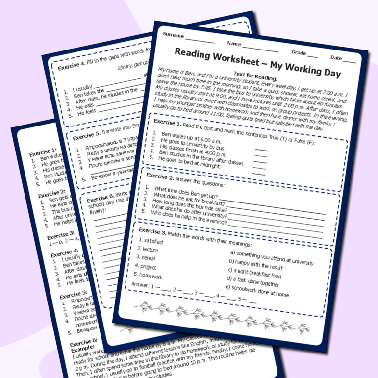 Рабочие листы по английскому языку «Reading Worksheet – My Working Day»