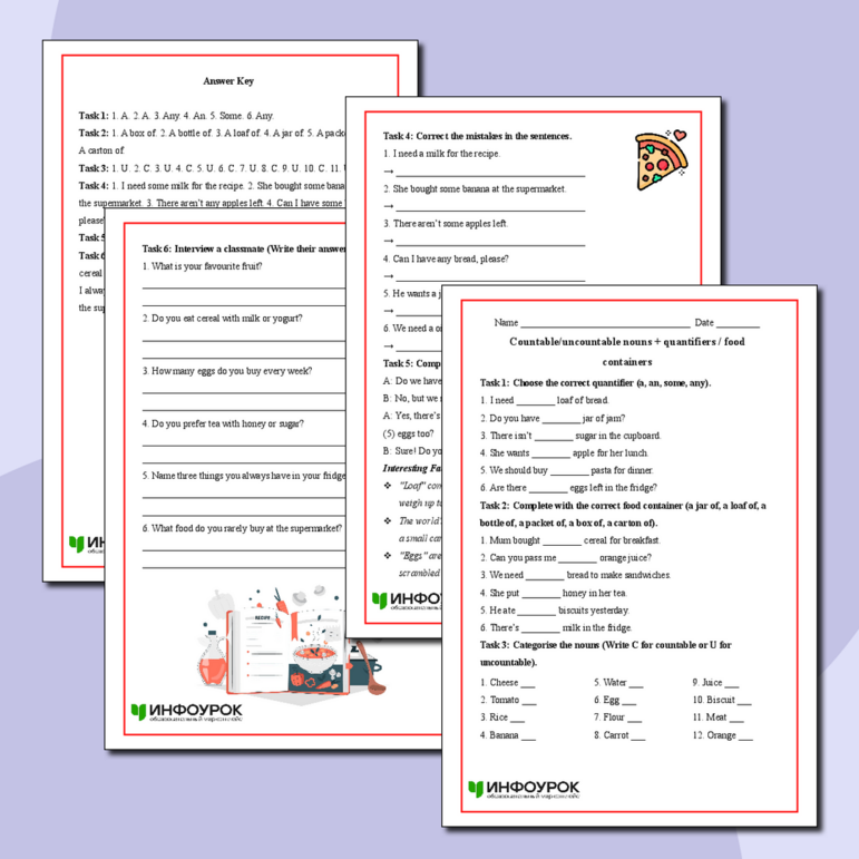 Рабочий лист «Countable / uncountable nouns + quantifiers / food ...