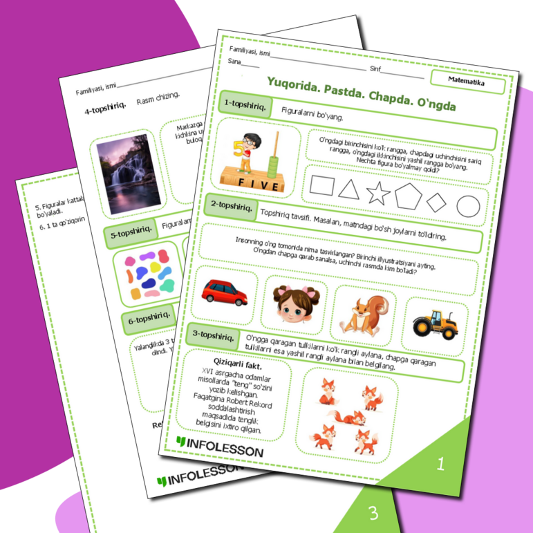 «Yuqorida. Pastda. Chapda. O‘ngda» ish varaqasi