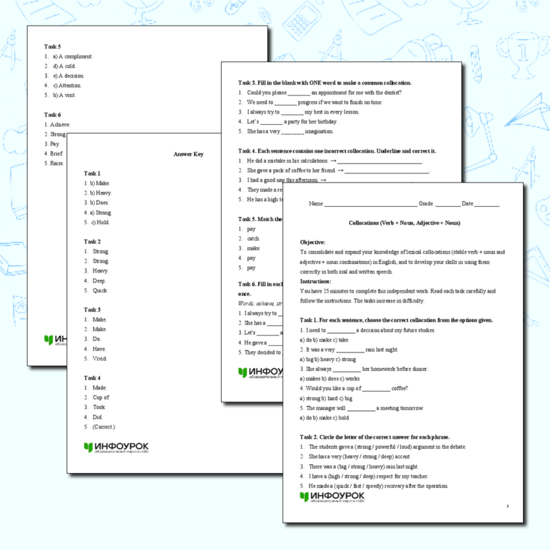 Самостоятельная работа «Collocations (Verb + Noun, Adjective + Noun)» (B1-B2)