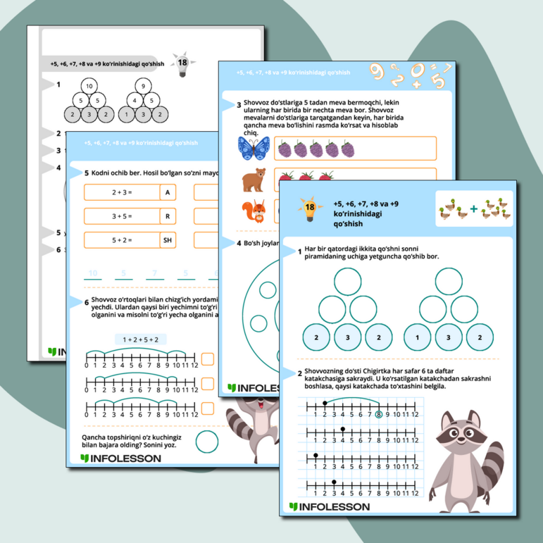 «+5, +6, +7, +8 va +9 ko‘rinishidagi qo‘shish» mavzusida ish varaqasi.