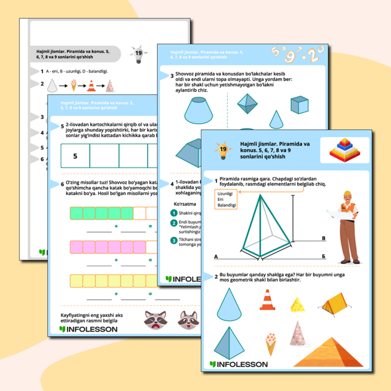 «Hajmli jismlar. Piramida va konus. 5, 6, 7, 8 va 9 sonlarini qo‘shish ...