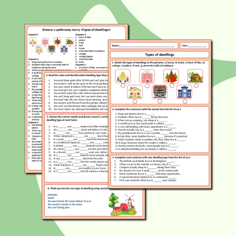 Карточки-пятиминутки по теме «Types of Dwellings» для УМК Spotlight 6 Module 8a