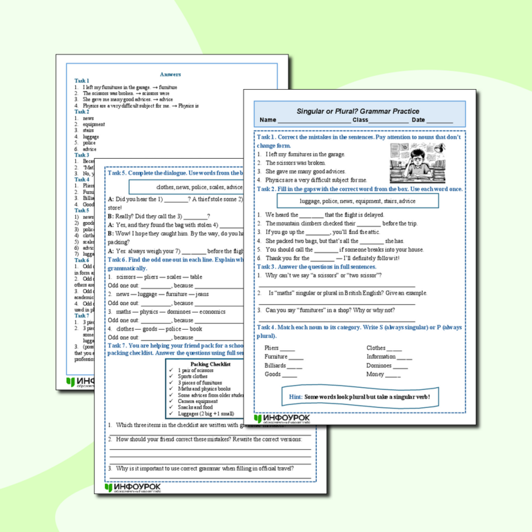 Рабочий лист по английскому языку «Singular or Plural? Grammar Practice»