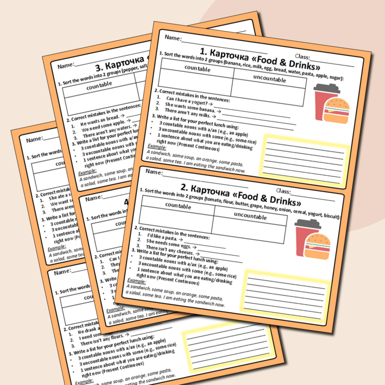 Карточки-пятиминутки «Food & Drinks» к УМК Spotlight 6 Module 9a