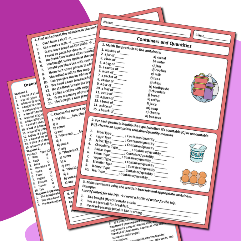 Рабочий лист «Containers and Quantities» для УМК Spotlight 6 Module 9a