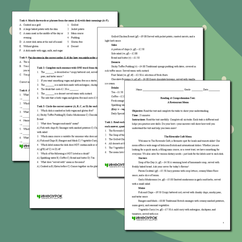 Reading & Comprehension Test «A Restaurant Menu» (A2-B1)