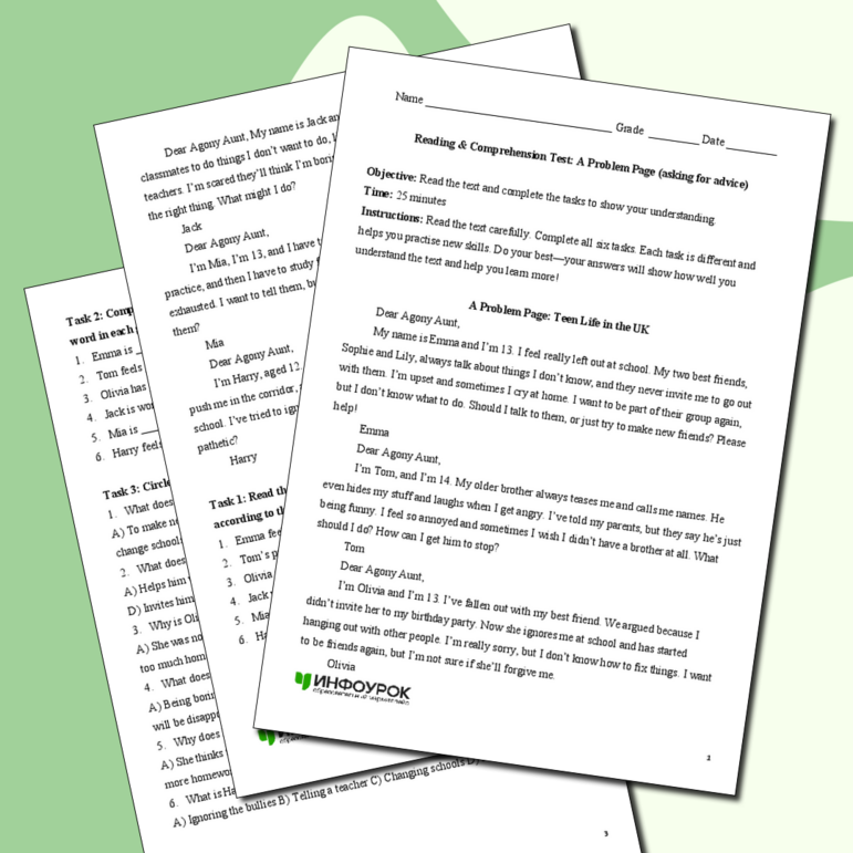 Reading & Comprehension Test «A Problem Page» (A2-B1)