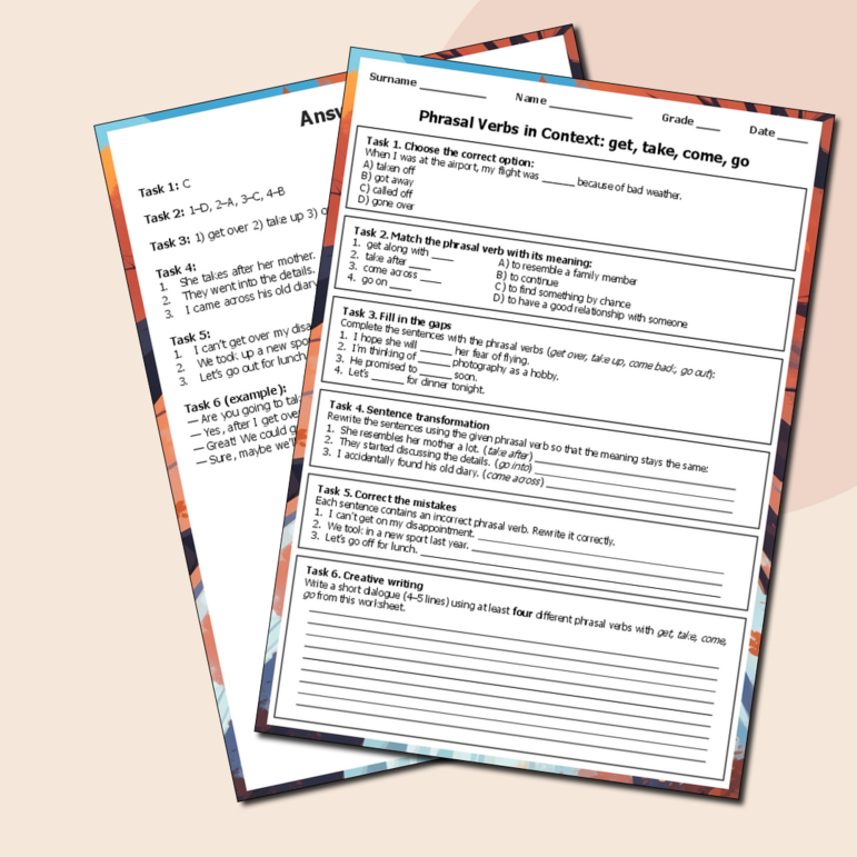 Рабочий лист по английскому языку «Phrasal Verbs in Context: get, take ...