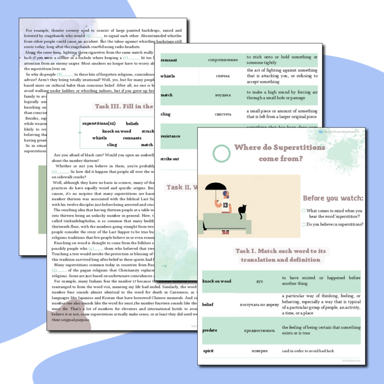 Worksheet по видео "Superstitions": методические материалы на Инфоурок