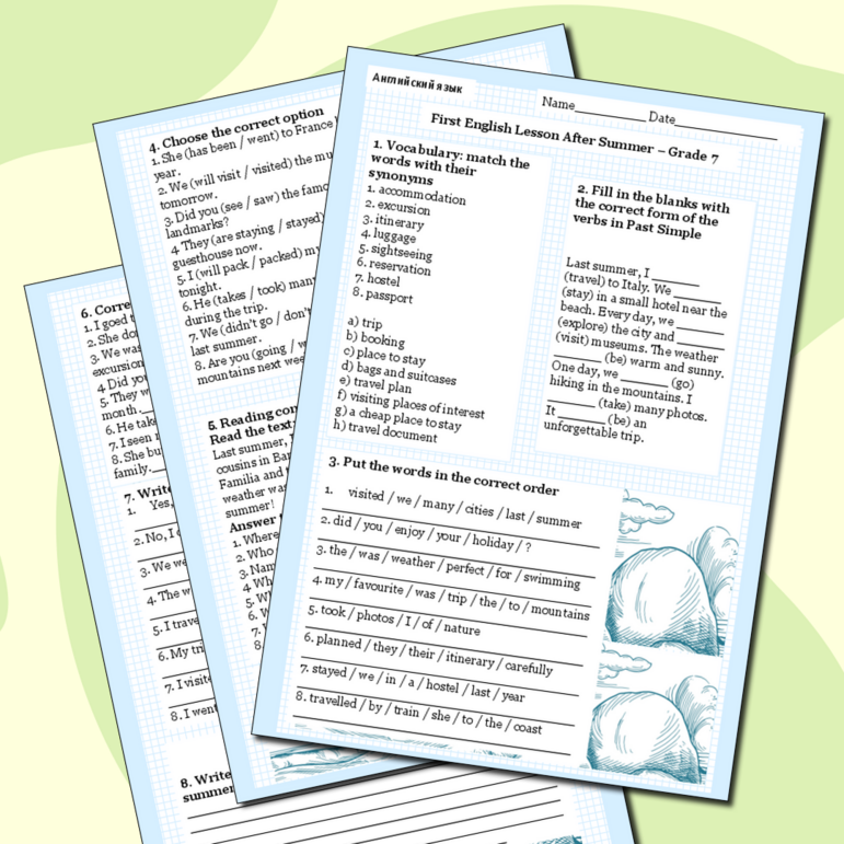Рабочий лист: "First English Lesson After Summer – Grade 7".