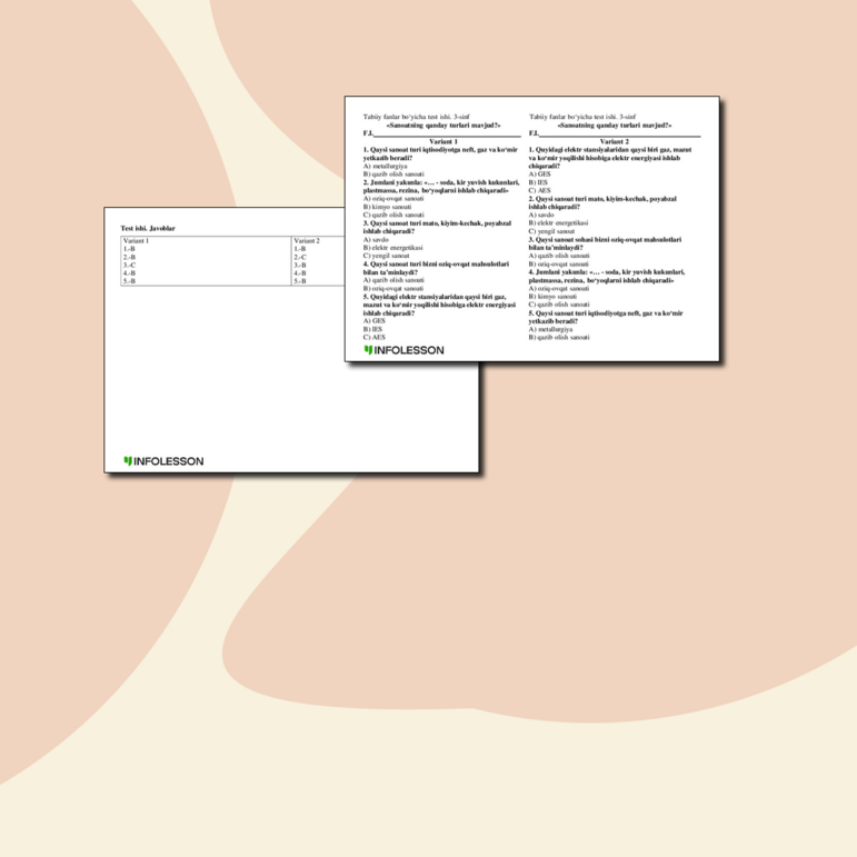 Geografiya fanidan test: «Sanoatni qanday turlari bor?"»