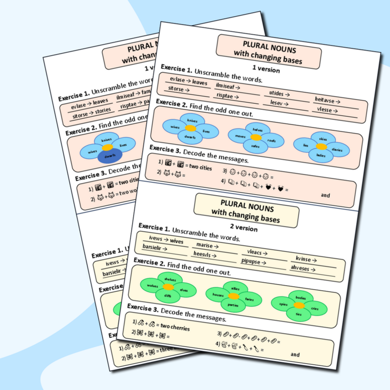 Карточки "Plural nouns with changing bases", английский язык, 3 класс