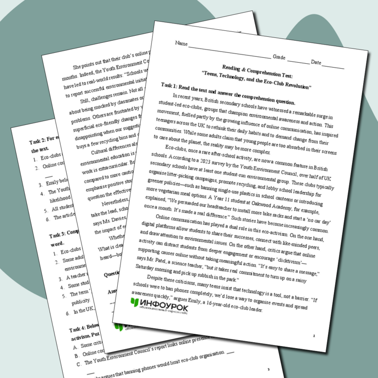 Reading Comprehension Test «Teens, Technology, and the Eco-Club ...