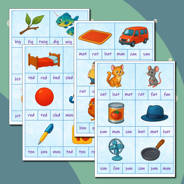 Дидактические карточки "CVC" clip cards (short vowels reading)