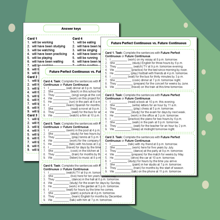 Карточки-тренажёры по английскому языку: «Future Perfect Continuous vs ...
