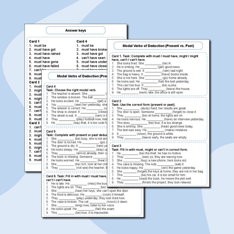 Карточки-тренажёры по английскому языку: «Modal Verbs of Deduction in ...