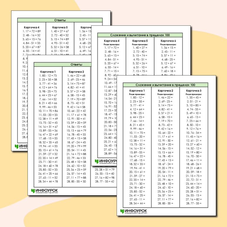Карточки "Сложение и вычитание в пределах 100"