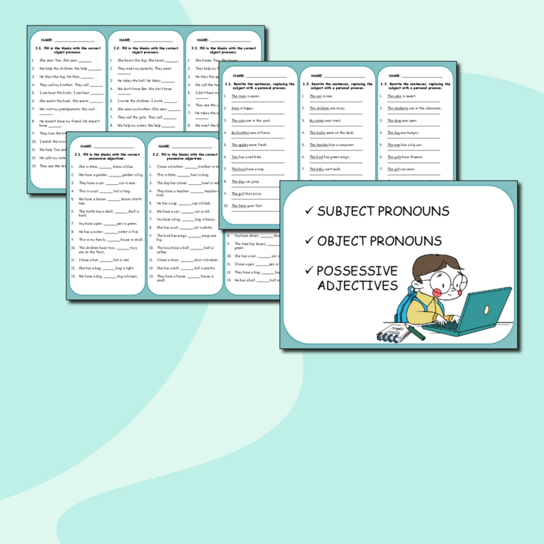 Карточки-тренажёры «Subject pronouns/Object pronouns/Possessive adjectives»