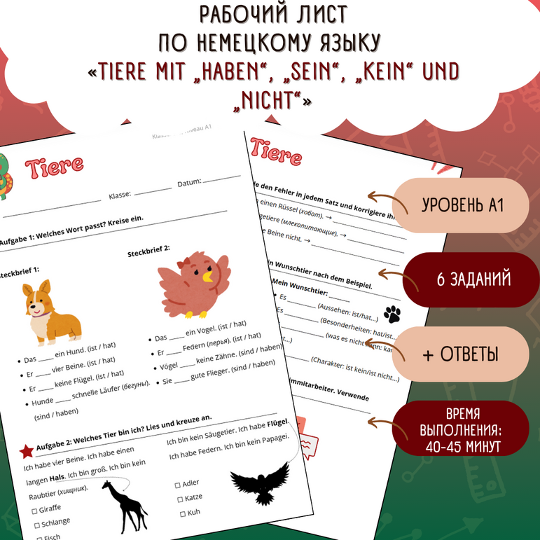 Рабочий лист по немецкому языку «Tiere mit „haben“, „sein“, „kein“ und ...