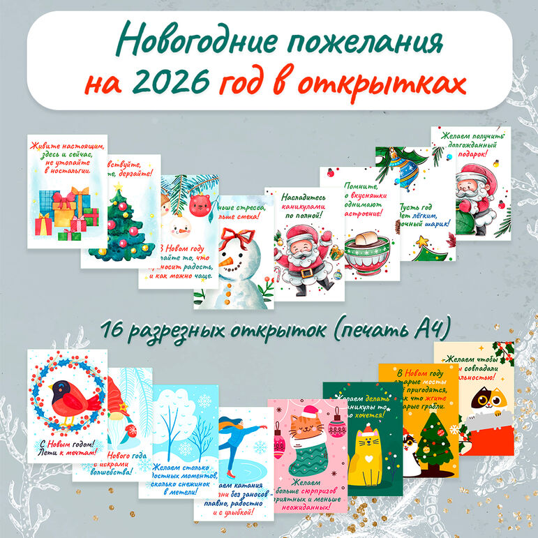 Новогодние открытки 2026 — год Лошади. Комплект из 7 листов А4 с тёплыми пожеланиями (6 дизайнов ...
