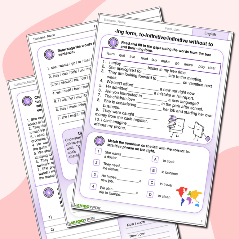 Рабочий лист "-ing form, to infinitive, infinitive without to"