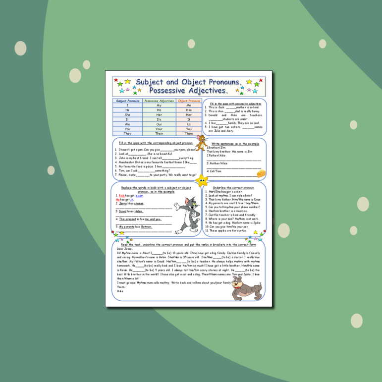 Subject and object pronouns. Possessive adjectives