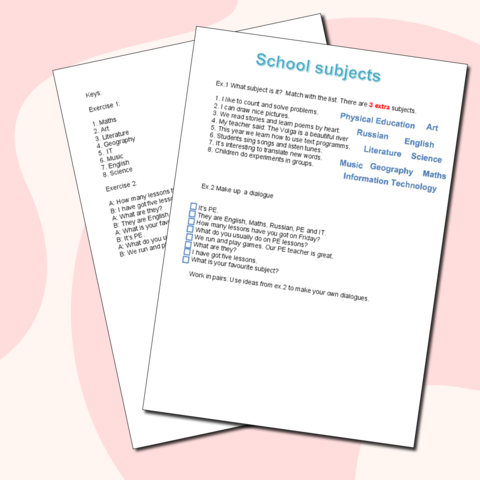 School subjects worksheet for elementary students